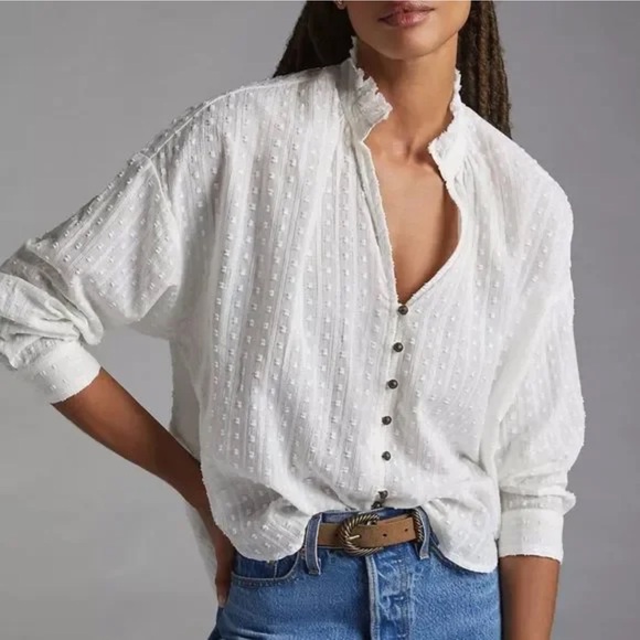 Pilcro | Tops | Pilcro Anthropologie Gauze Button Up Ivory Ruffle Long ...